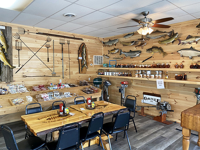 Fish specimens watch over diners like aquatic guardians while fishing tools adorn walls in a space that isn't creating atmosphere &ndash; it is the atmosphere.
