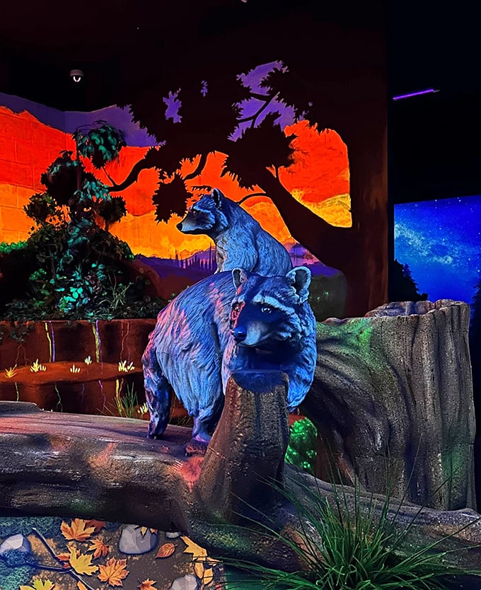 These fluorescent bears seem to whisper forest secrets as you line up your putt, their glowing eyes following your every move.