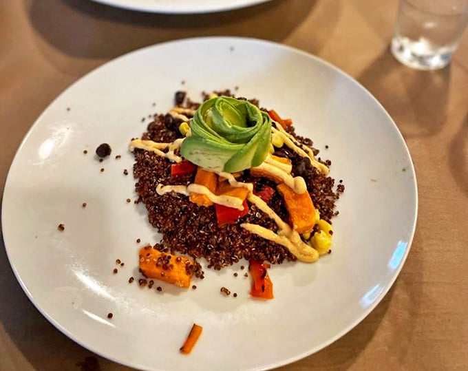The Southwestern quinoa bowl brings desert heat to northern Michigan, with roasted vegetables and bright sauce creating a healthy flavor fiesta.