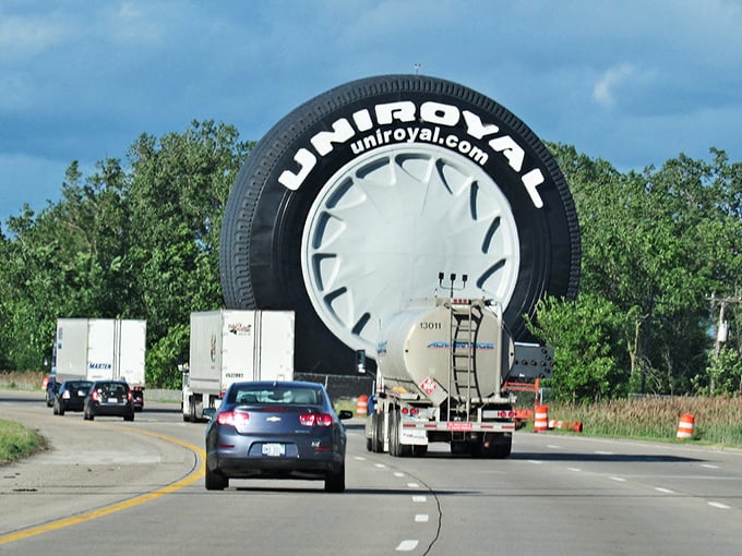 Daily commuters on I-94 get the world's most unusual mile marker &ndash; "Turn left at the tire you could live inside."