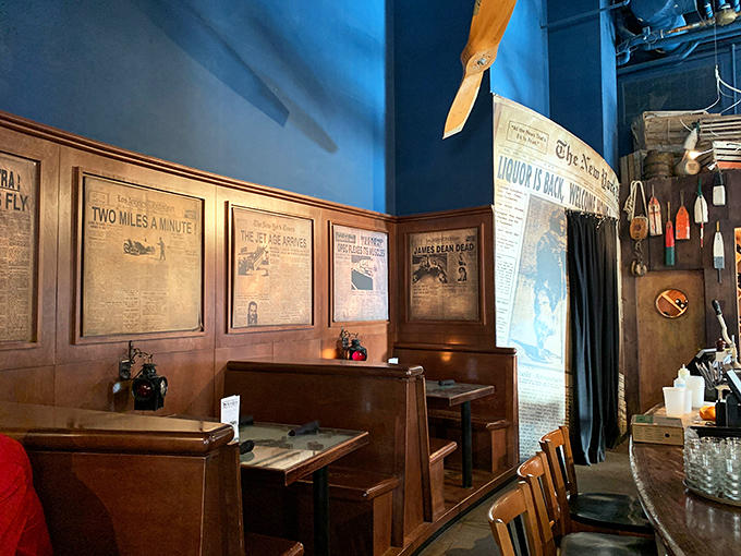 The dining area's newspaper-lined booths make every meal feel like you're eating inside a time capsule, but with much better lighting.