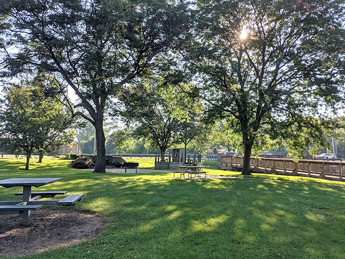 Veterans Park provides shaded respite under mature trees, where picnic tables invite lazy afternoon lunches and community gatherings.