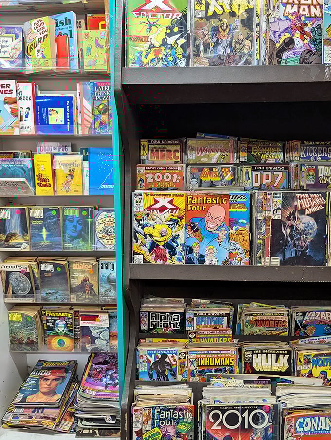 Comic book heroes leap from their plastic sleeves, with X-Men, Fantastic Four, and indie titles creating a colorful tapestry of illustrated adventures.