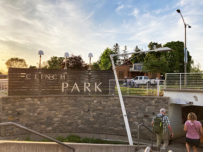 Clinch Park's entrance welcomes visitors to lakeside bliss, where even the stone sign seems to say "relax, you've arrived somewhere special."