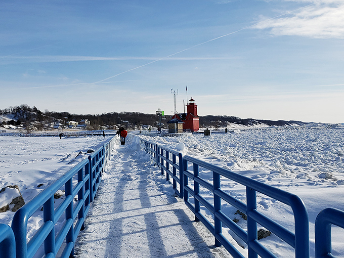 Winter transforms the park into a crystalline wonderland. The lighthouse stands sentinel, red against white, defying the season's chill.