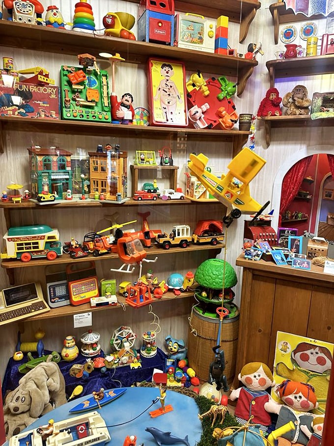 Vintage Fisher-Price, Playskool, and classic tin toys create a time capsule of childhood memories. Spot anything from your own toy box?