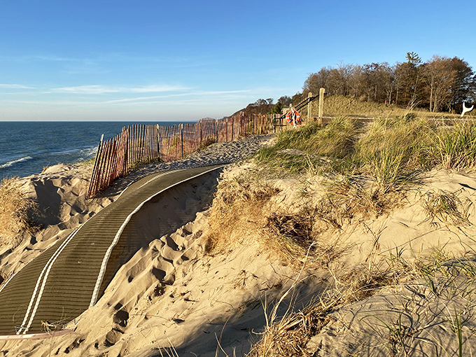 A sandy pathway carved between dune grasses creates a natural frame for the lake view, like nature's own version of a perfect Instagram filter.