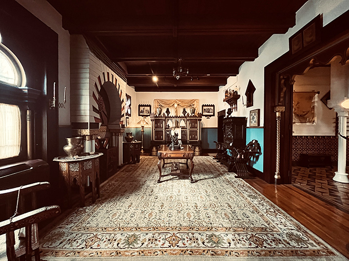 Central Atrium: The architectural heart of Villa Zorayda pulls your gaze upward through layers of arches that seem to defy gravity.