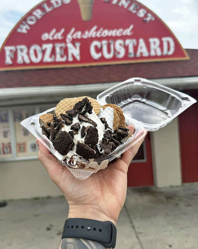 "Custard nachos" elevate the humble sundae into an architectural masterpiece of crispy waffle pieces, creamy custard, and crunchy toppings. Photo credit: <a href="" target="_blank" rel="noopener noreferrer">World's Finest Frozen Custard</a>