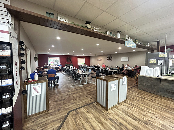 The dining area invites you to sit a spell, where strangers become temporary friends united by the universal language of good food.