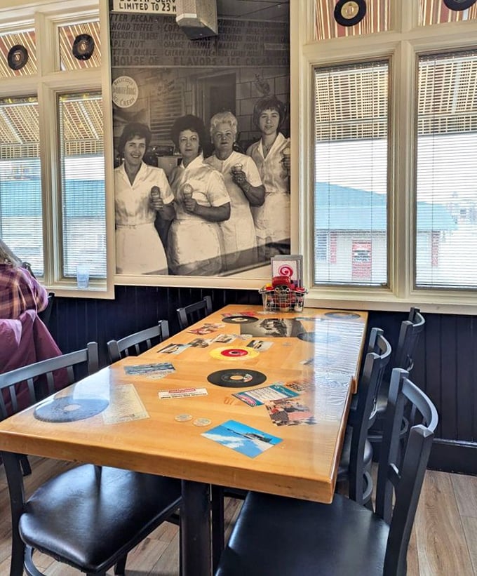 Vintage photographs watch over diners, as if the ice cream servers of yesteryear are giving their creamy blessing to each spoonful.