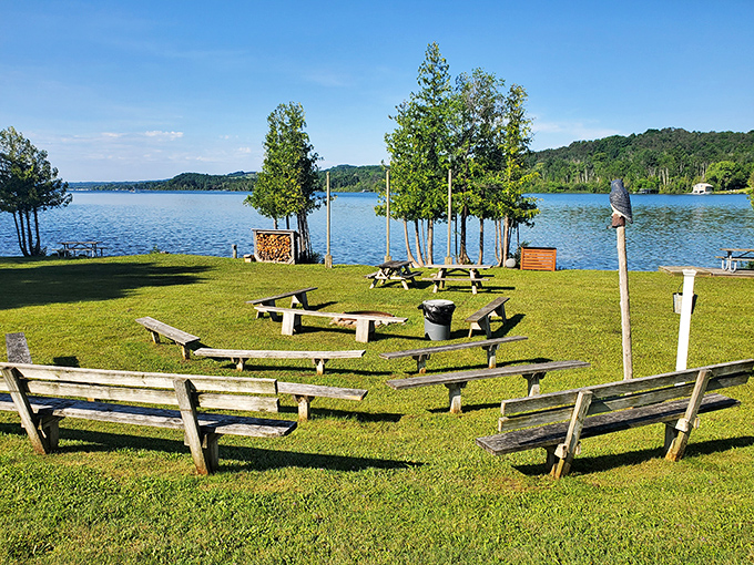 The lakeside amphitheater creates a natural gathering space where sunset-watching becomes a community event rather than a solitary pursuit.