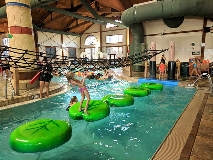 Adventure awaits in this aquatic playground where lily pad crossings challenge balance and floating obstacles turn swimming into an expedition.