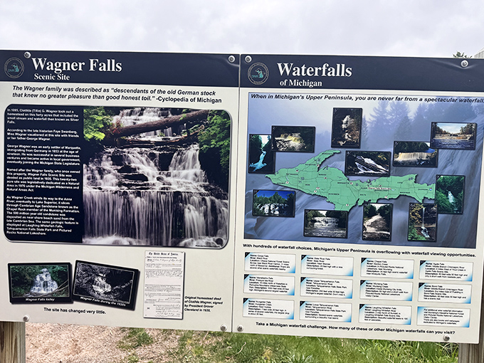 The informational sign reveals the falls' heritage, named after Joseph Wagner, an early settler with an eye for natural beauty.