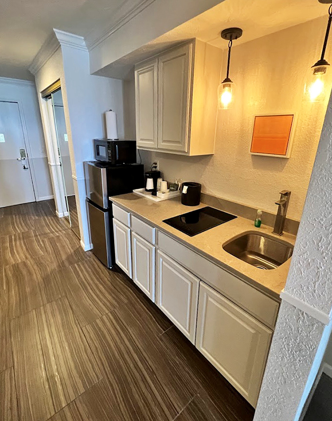 Compact cooking quarters with everything needed to transform local Michigan cherries into midnight snacks or morning treats.