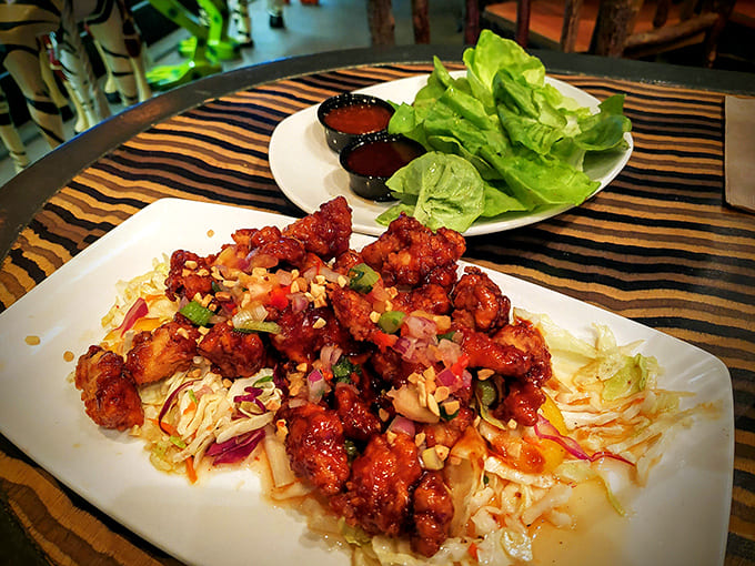 Korean chicken lettuce wraps bring international flair to the jungle setting, because why should the rainforest have all the fun?