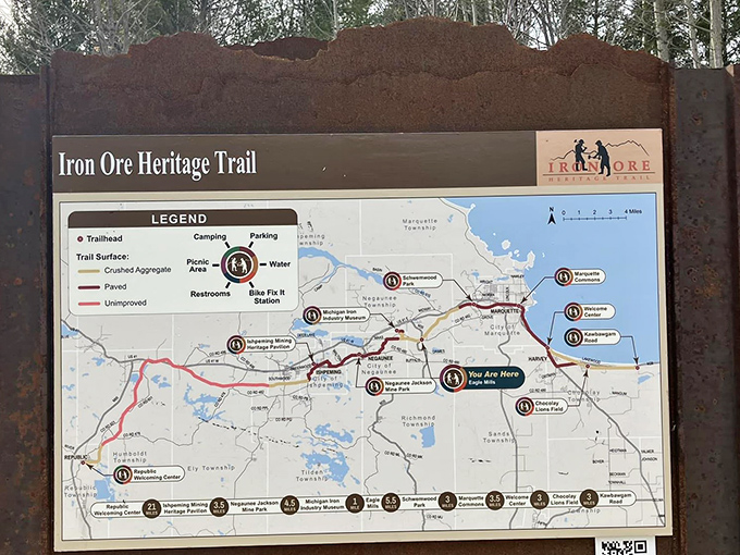 This detailed trail map reveals the 47-mile journey through time, where every twist and turn tells another chapter of Michigan's iron legacy.