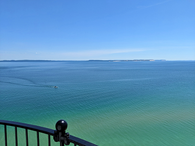 Ocean view from the balcony: From this height, Lake Michigan performs its best ocean impersonation&mdash;endless blue stretching to meet an equally endless sky.
