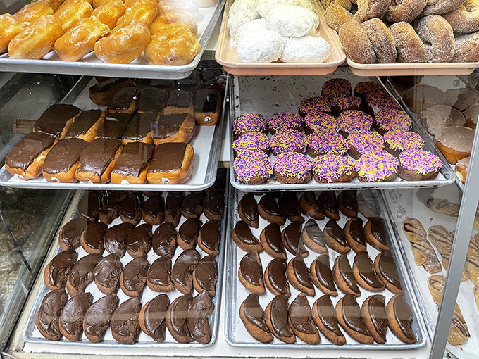Trays of freshly made donuts await their destiny – to disappear into boxes and bellies of lucky customers who arrived early enough to score these treasures.
