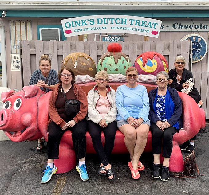 Where else can you sit on a giant pink pig while enjoying handcrafted ice cream? Only at Oink's, where whimsy comes standard.