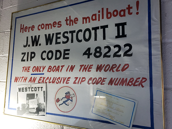 ZIP code bragging rights! This proud sign announces the Westcott's claim to fame as the only boat with its own exclusive postal code.