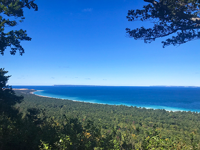 Lake Michigan stretches to infinity, a Caribbean-blue surprise that makes you double-check you're still in the Midwest.