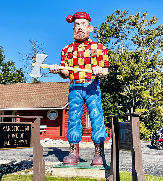"Manistique MI, Home of Paul Bunyan" proudly proclaims the sign, as the legendary lumberjack towers over his Upper Peninsula domain.