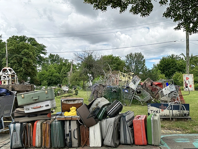 These suitcases aren't going anywhere, stacked like a monument to journeys interrupted and stories waiting to be unpacked.