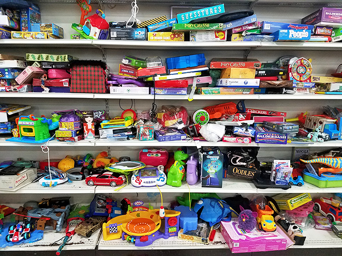 The toy section resembles a colorful archaeological dig through childhood memories &ndash; board games, action figures, and stuffed animals await new adventures.