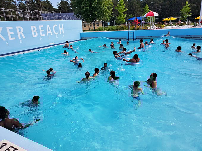 Bunker Beach's wave pool transforms into a bobbing sea of swimmers and inner tubes when the waves kick in.