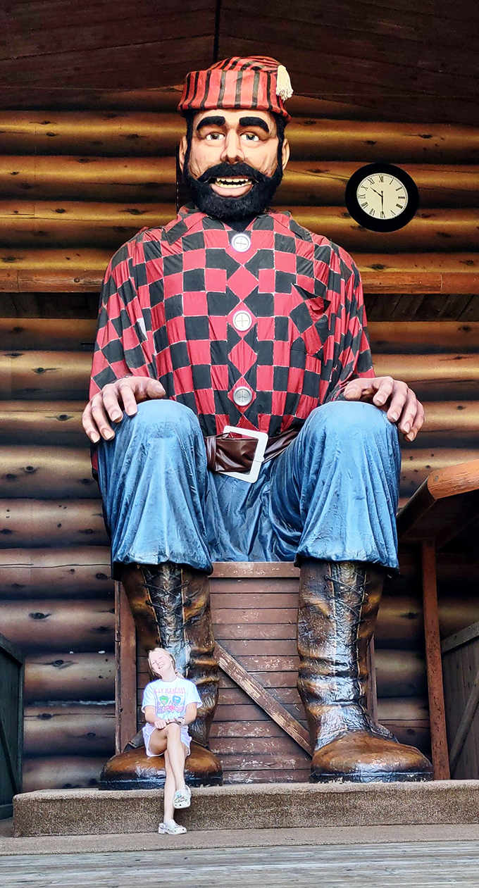 The legendary 26-foot Paul Bunyan welcomes visitors with his friendly smile and impressive stature &ndash; those boots could house a small family!