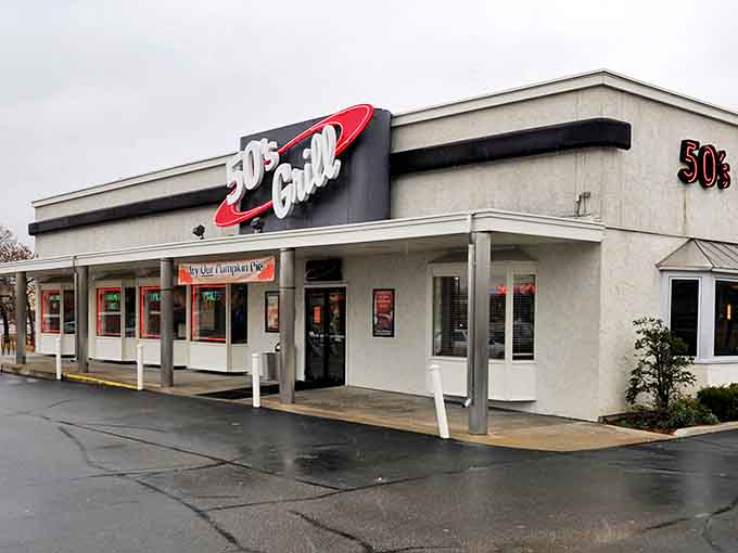 The iconic 50's Grill exterior stands proudly in Brooklyn Center, its neon sign a beacon for comfort food seekers and nostalgia hunters alike.