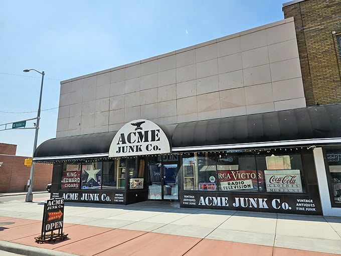 The iconic black awning of ACME Junk Co. stands as a portal to the past, promising treasures beyond the ordinary thrift store experience.