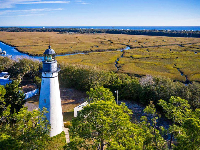 Amelia Island Lighthouse: A white sentinel rising above golden marshlands, where history meets horizon in a perfect Florida postcard moment.