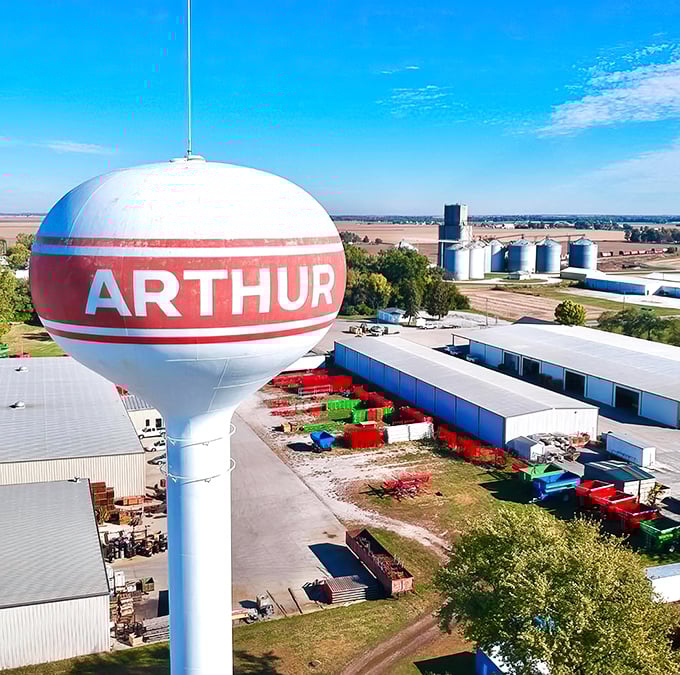 Arthur's iconic water tower stands sentinel over the prairie, announcing your arrival to a place where time moves at a horse-drawn pace.