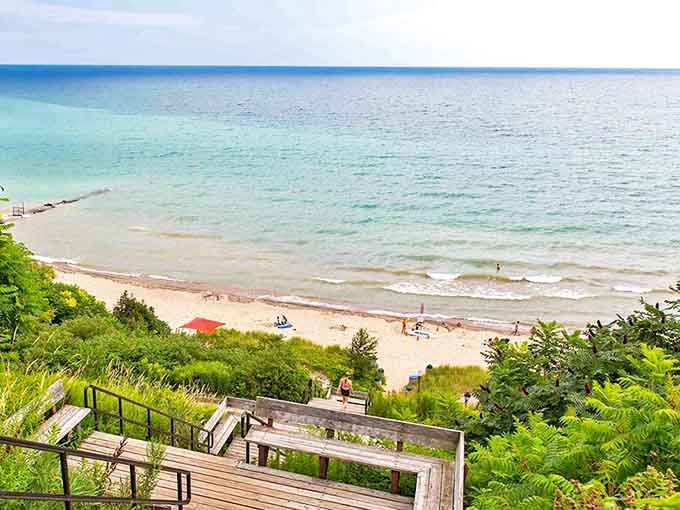 Atwater Park's dramatic bluff offers postcard-worthy views of Lake Michigan's endless blue horizon, no passport required.