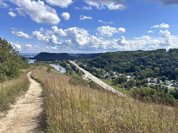 A winding dirt path cuts through golden prairie grass, promising adventure with every step toward the Mississippi River panorama ahead.