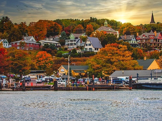Bayfield's hillside homes cascade toward Lake Superior in a painter's palette of autumn colors, creating Wisconsin's most photogenic waterfront scene.