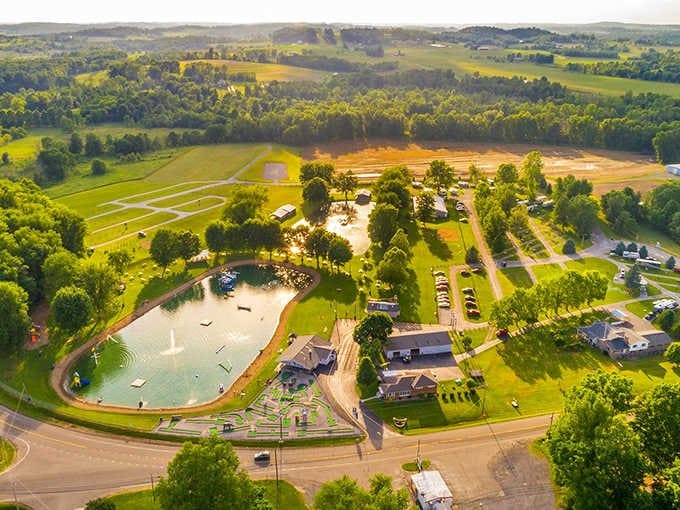 Baylor Beach Park from above – where summer memories are made on two acres of sparkling water surrounded by lush Ohio countryside.