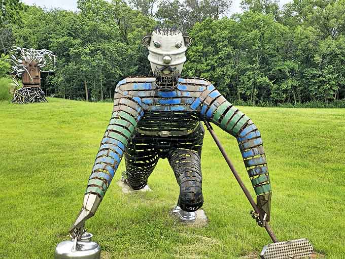 "It's OK for fine art to be FUN!" proclaims the welcoming sign at Benjamin-Lewis Sculpture Park, setting the perfect tone for the whimsical adventure ahead.