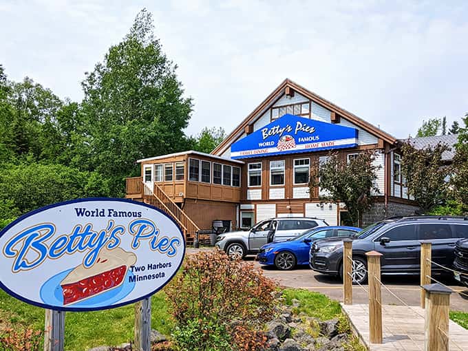 The iconic blue and white exterior of Betty's Pies stands proudly along Minnesota's North Shore, beckoning travelers with promises of flaky-crusted delights inside.