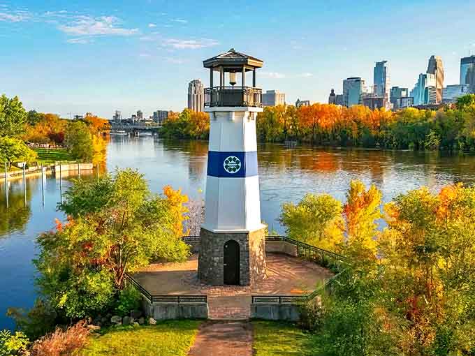 Boom Island Lighthouse stands proudly against Minneapolis' skyline, a maritime surprise in the heart of the Midwest.