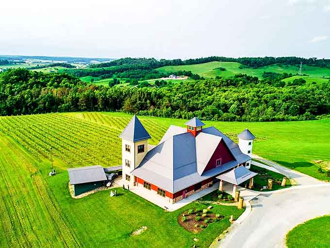 A red barn-inspired winery nestled among rolling green hills, where Tuscan dreams come to life in the heart of Ohio's countryside.