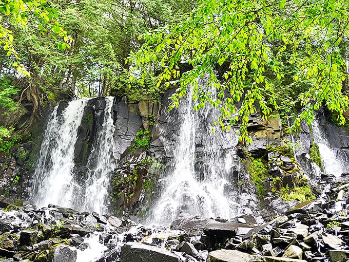 Bridal Falls cascades over ancient rock formations, creating a multi-tiered spectacle that seems designed specifically for nature photographers and daydreamers alike.