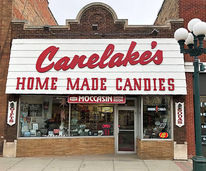 The iconic red lettering of Canelake's storefront stands as a beacon of sweetness on Virginia's Chestnut Street, promising nostalgic delights within.