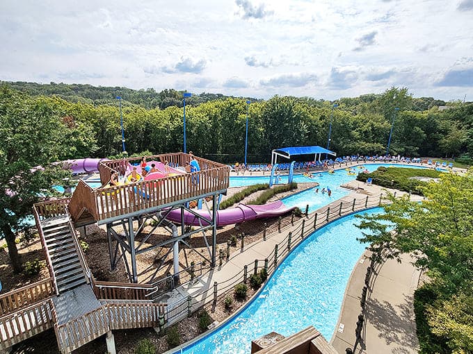 Aerial view of Cascade Bay's colorful slide complex and winding lazy river &ndash; summer paradise engineered for maximum squeals per gallon.