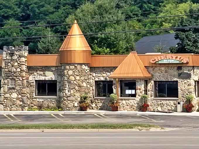 That stone castle facade with copper turrets isn't a mirage on Old US Highway 23, just your new favorite breakfast destination waiting to happen.