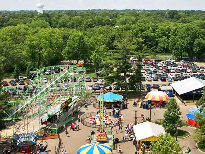 Como Town's aerial view reveals a perfect family playground nestled among lush greenery, where thrills and nostalgia blend seamlessly together.