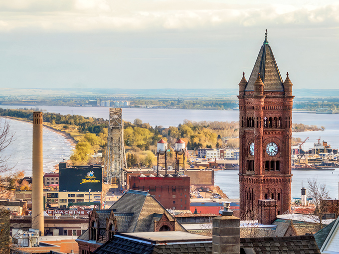 Duluth's iconic skyline, where the historic clock tower stands sentinel over Lake Superior's vast blue expanse. History with a view!