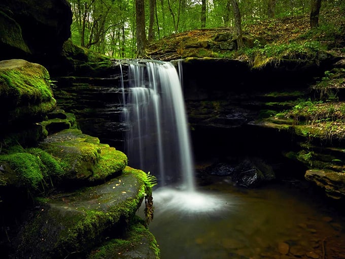 Dundee Falls cascades gracefully over ancient sandstone, creating nature's perfect soundtrack in this secluded Ohio paradise.
